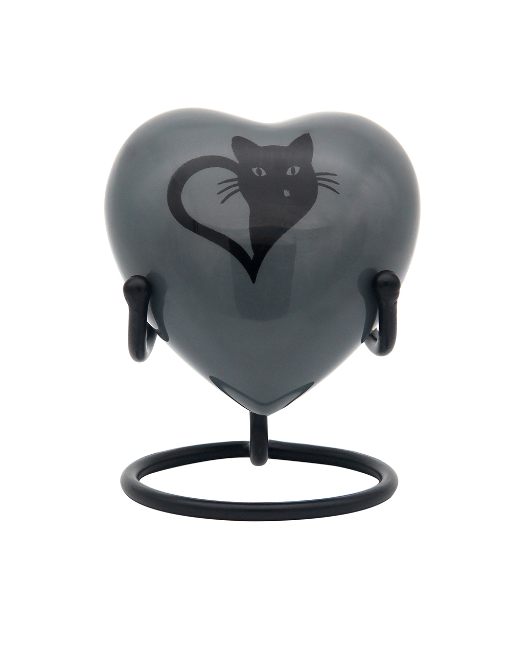 HN6030-Heart-Shaped Metal Cremation Urn with Gray Black Cat - AntiqueCo